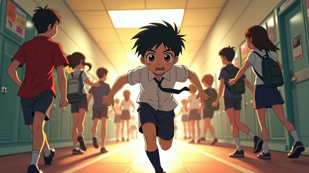 Anime, boy in uniform running through the school corridor, there are ...