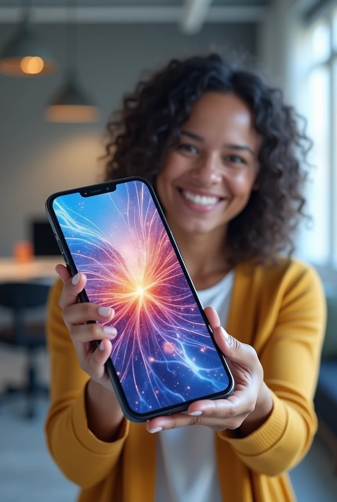 Smiling person showing realistic large cell phone screen - SeaArt AI