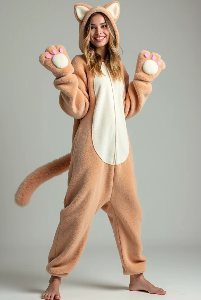 Woman with blond hair, fleece cat costume eng anliegend, full body shot ...