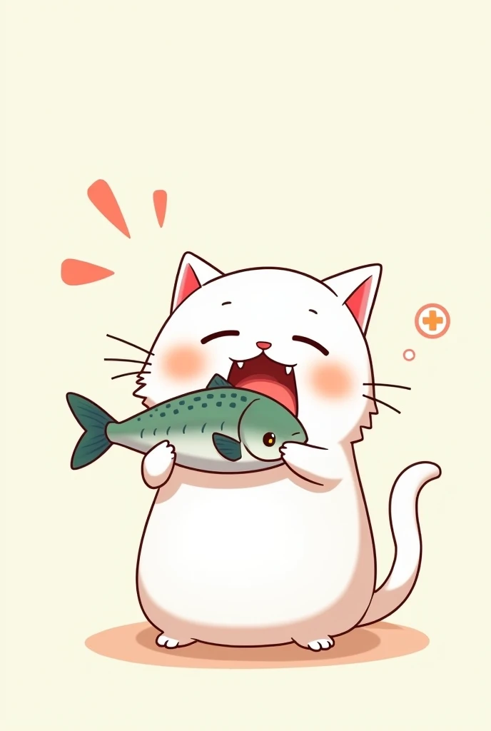 A white cat is sucking fish like a chibi - SeaArt AI