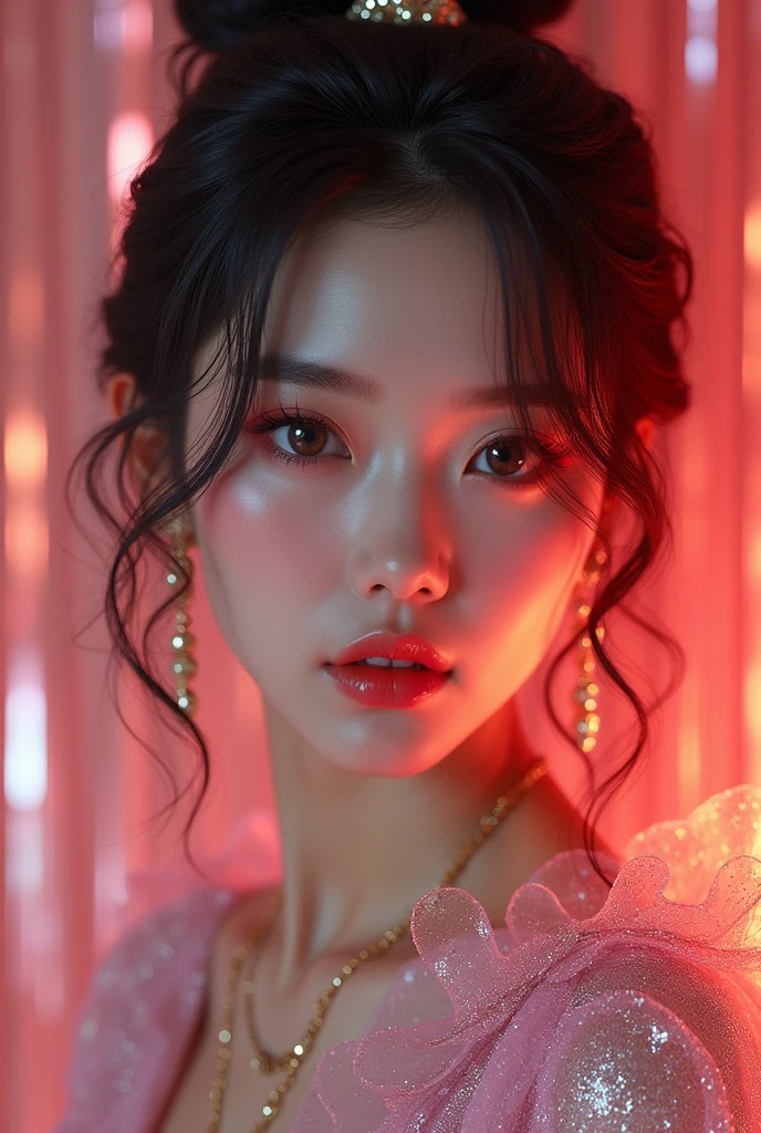 Korean elegant kpop idol with pale skin and glittery looks with red ...