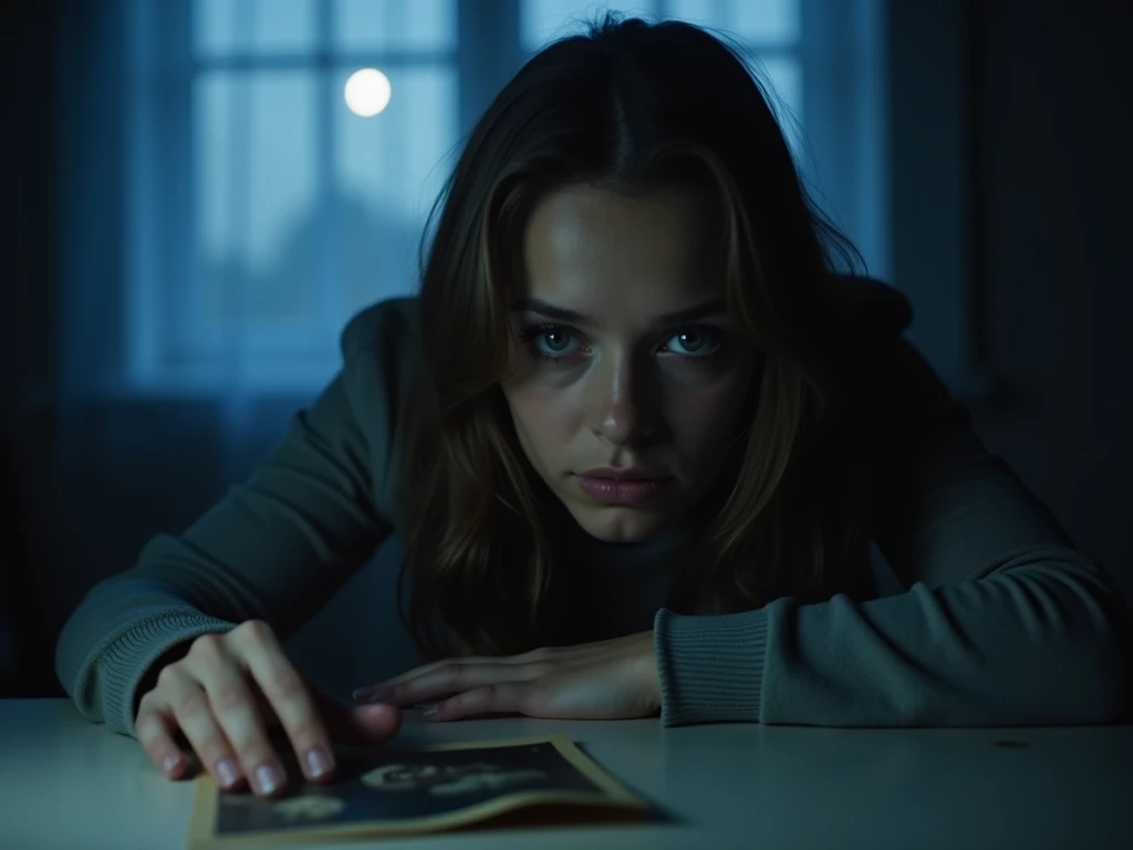 A close-up of a young woman sitting alone in a dimly lit room - SeaArt AI