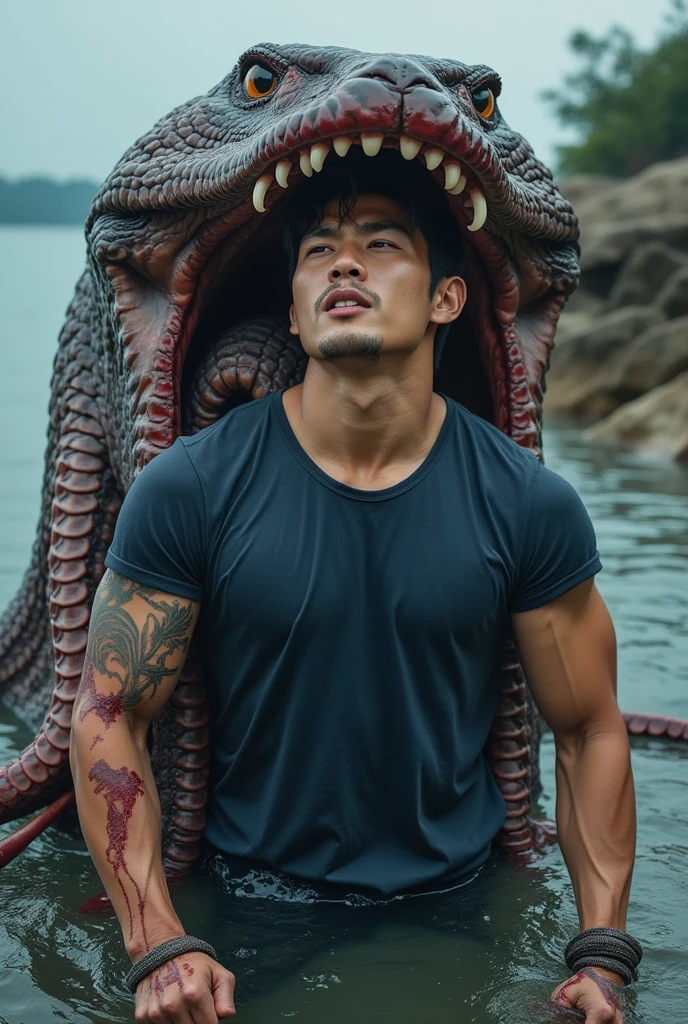 Man in snake mouth A handsome young Korean man with his face in an ...