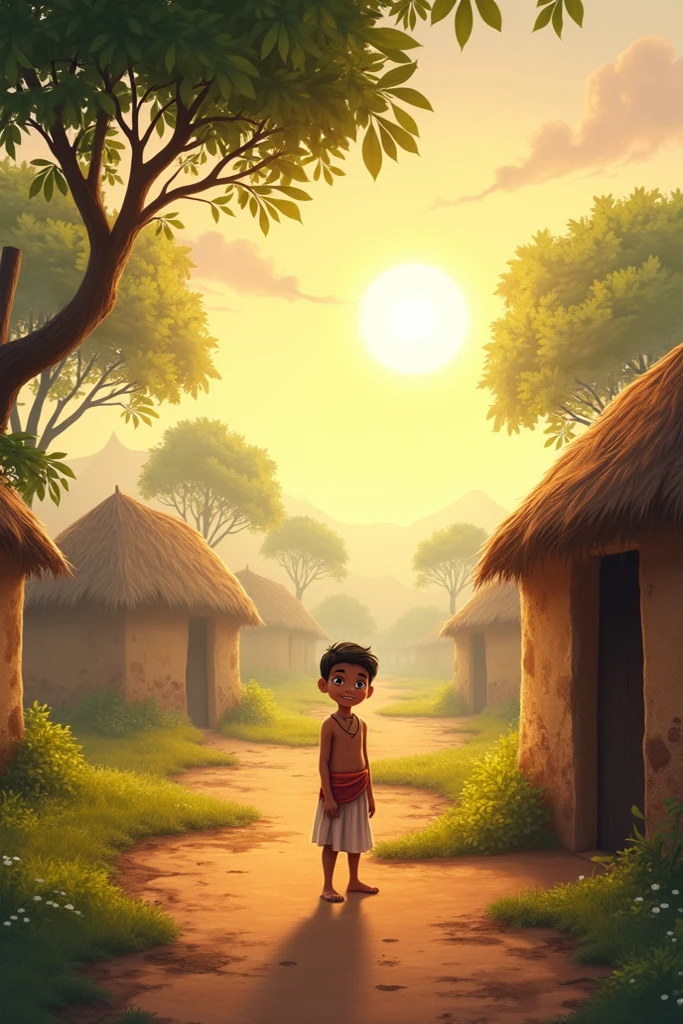 A beautiful village scene, where raw houses, lush fields, and calm ...