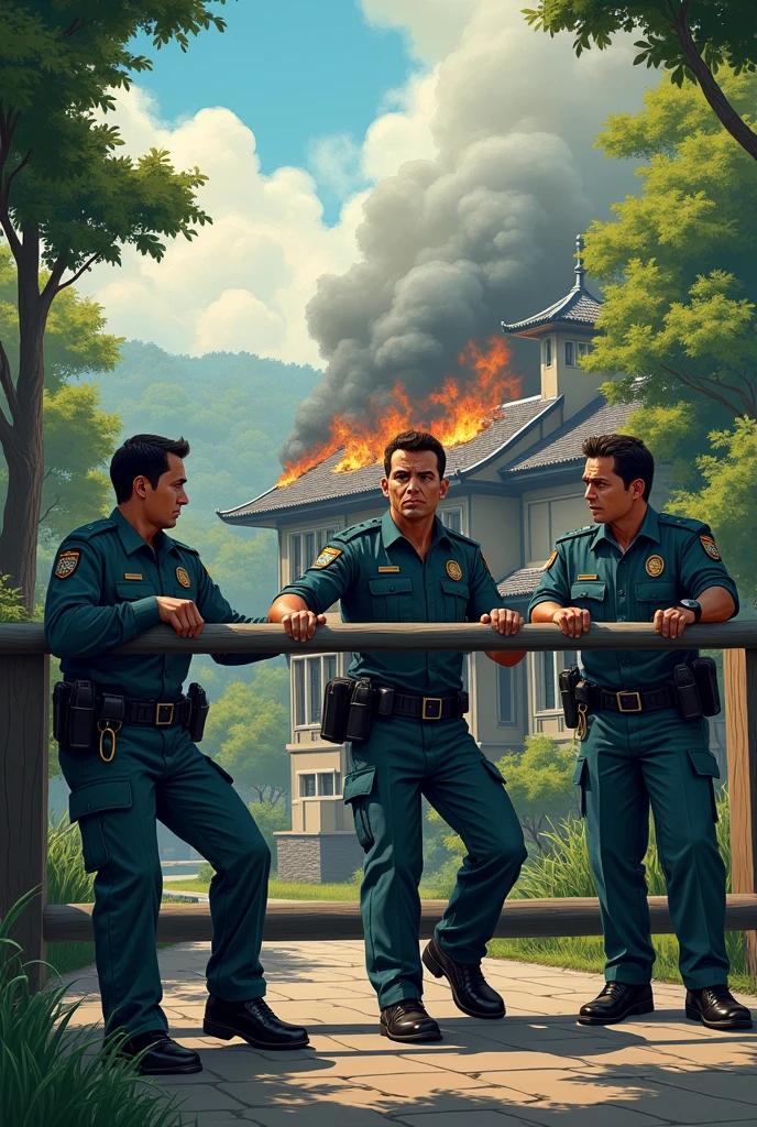 Create an illustration of security guards straining a barie protecting ...