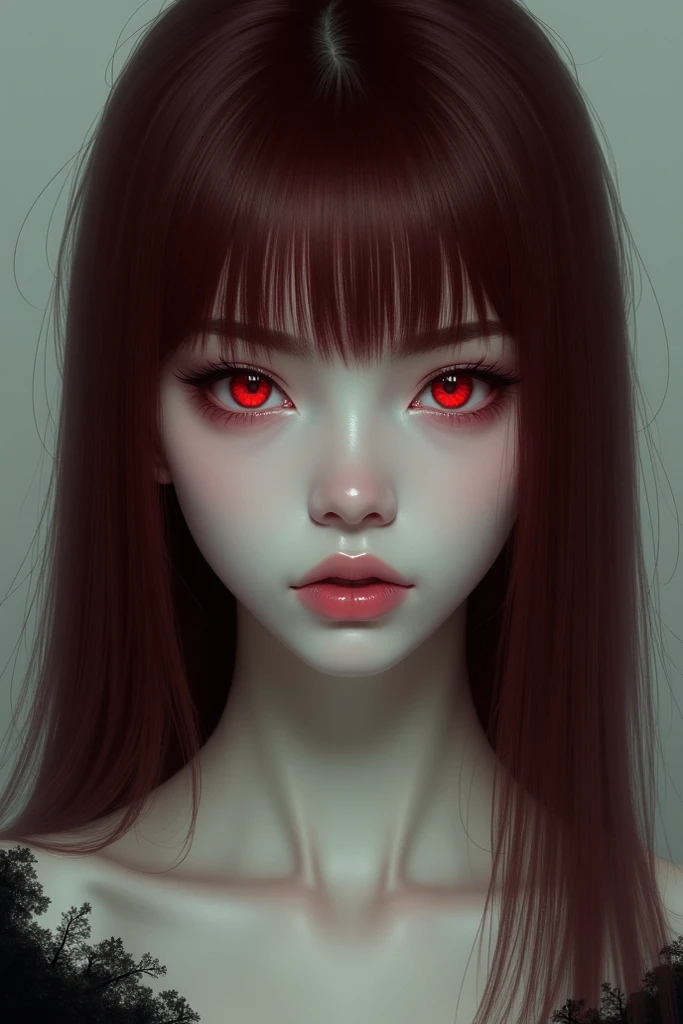 Dark Red head young woman, pale skin, red eyes, straight hair - SeaArt AI