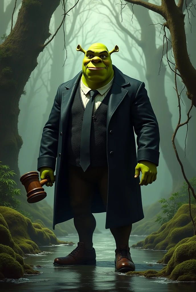 Shrek character with a black suit and an auction hammer in his hand in ...
