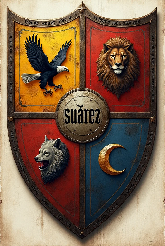 Medieval shield shape main inscription "Suárez" on the edges the ...