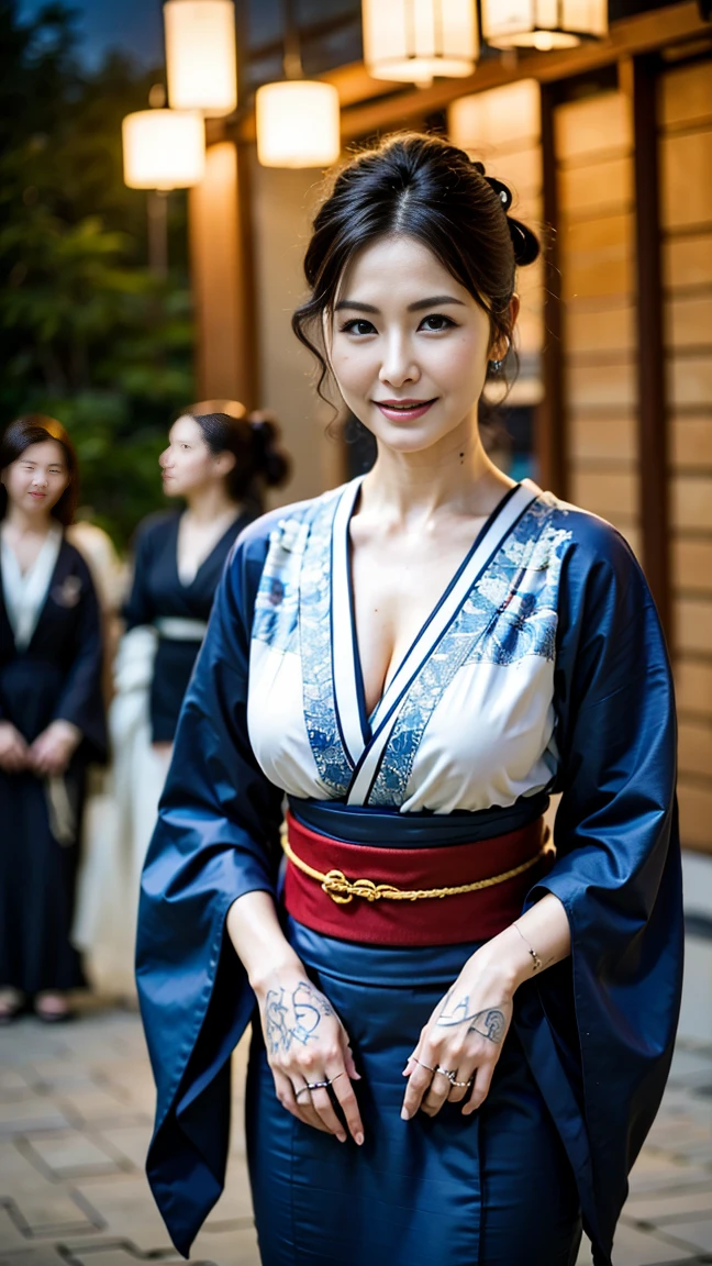 Glasses、Noble kimono、 kimono、blue eyes、firework、Blonde、Tattoos all over ...