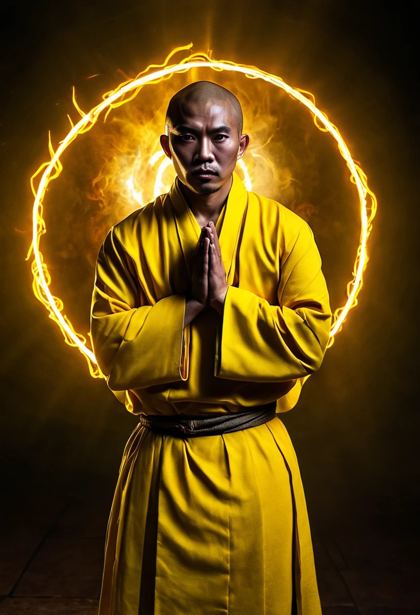 The image of an Asian monk standing upright, majestic in a bright ...