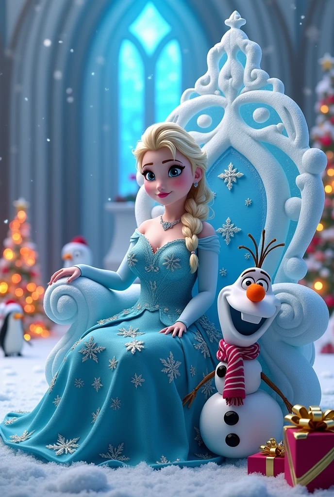 Create a magical Christmas scene with a chubby adult Elsa, about 300 ...