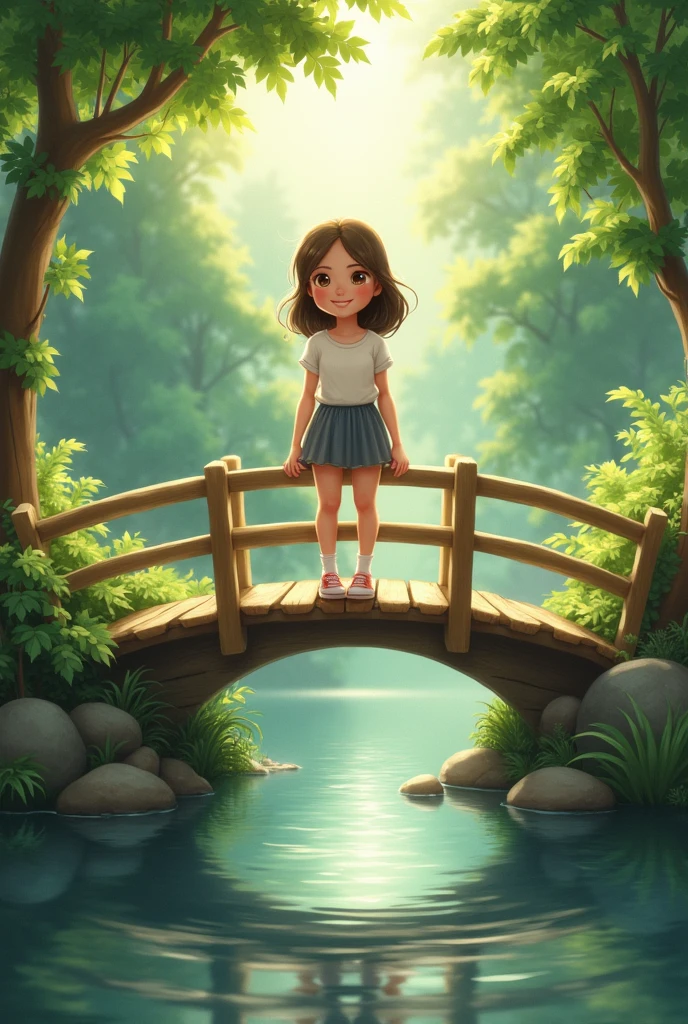 Create a promt for the picture : A girl is standing on a bridge over ...