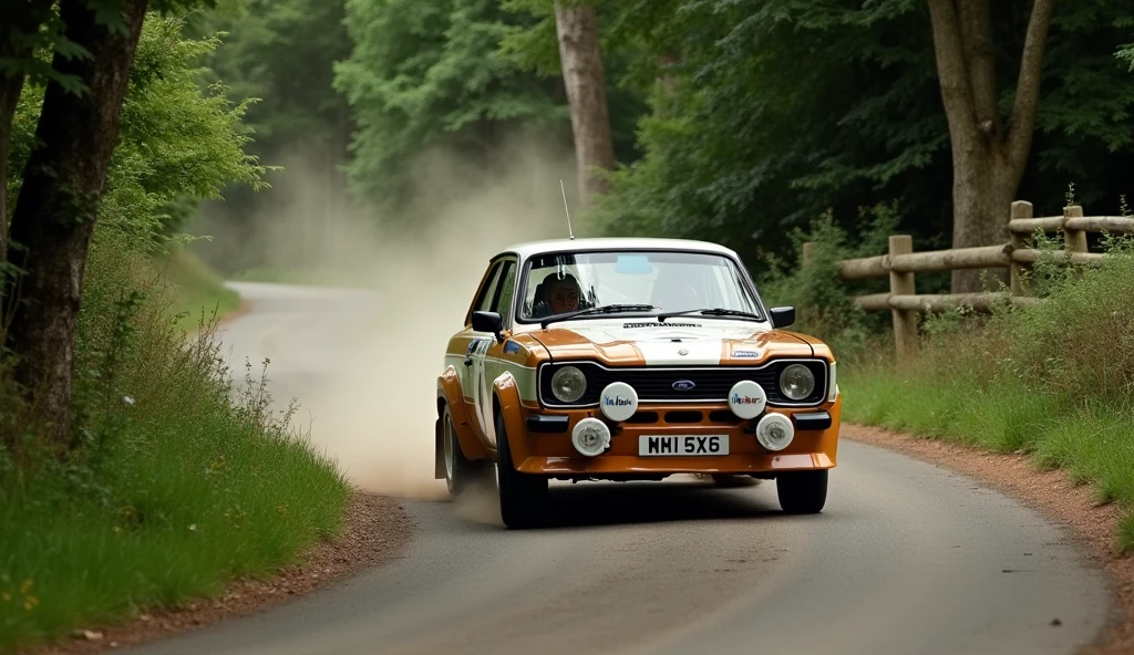 A rally car MK1 escort in light brown and white color, car running on ...