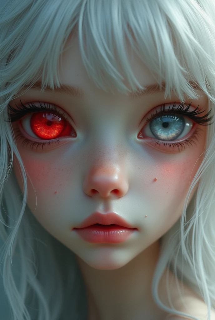 A girl with very light hair with vermilion eyes, right side pink and ...