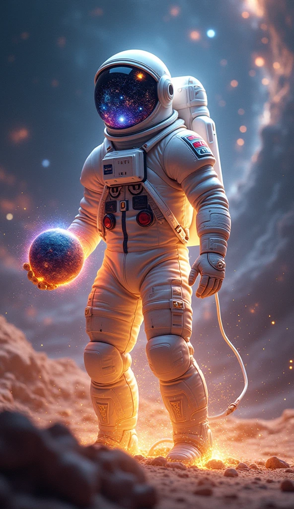 A godlike astronaut cloaked in radiant, white, and silver armor that ...