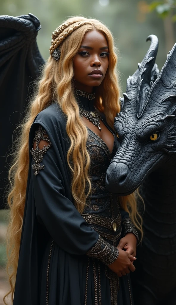 A gorgeous black American woman Targaryen with a black dragon next to ...