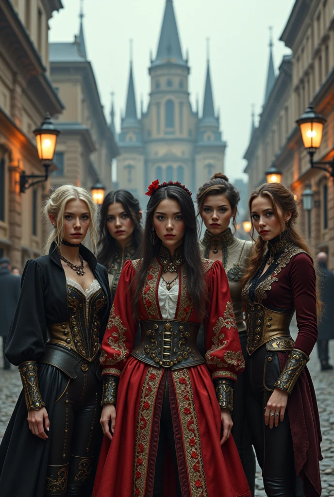 Steampunk, 5 Cossack women dressed in regional clothing mixed with ...