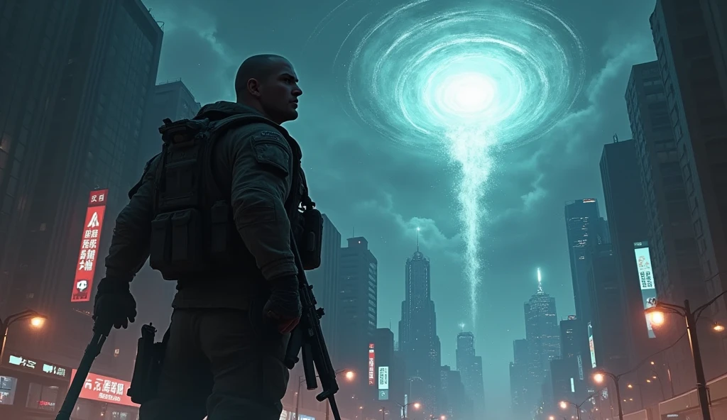 realistic, Night, city, , a modern soldier with weapons in his hands ...