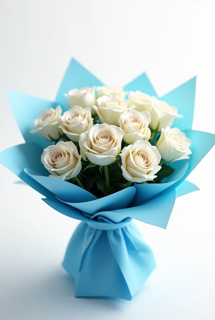 Beautiful, a large bouquet of white roses , wrapped in a blue wrapper ...