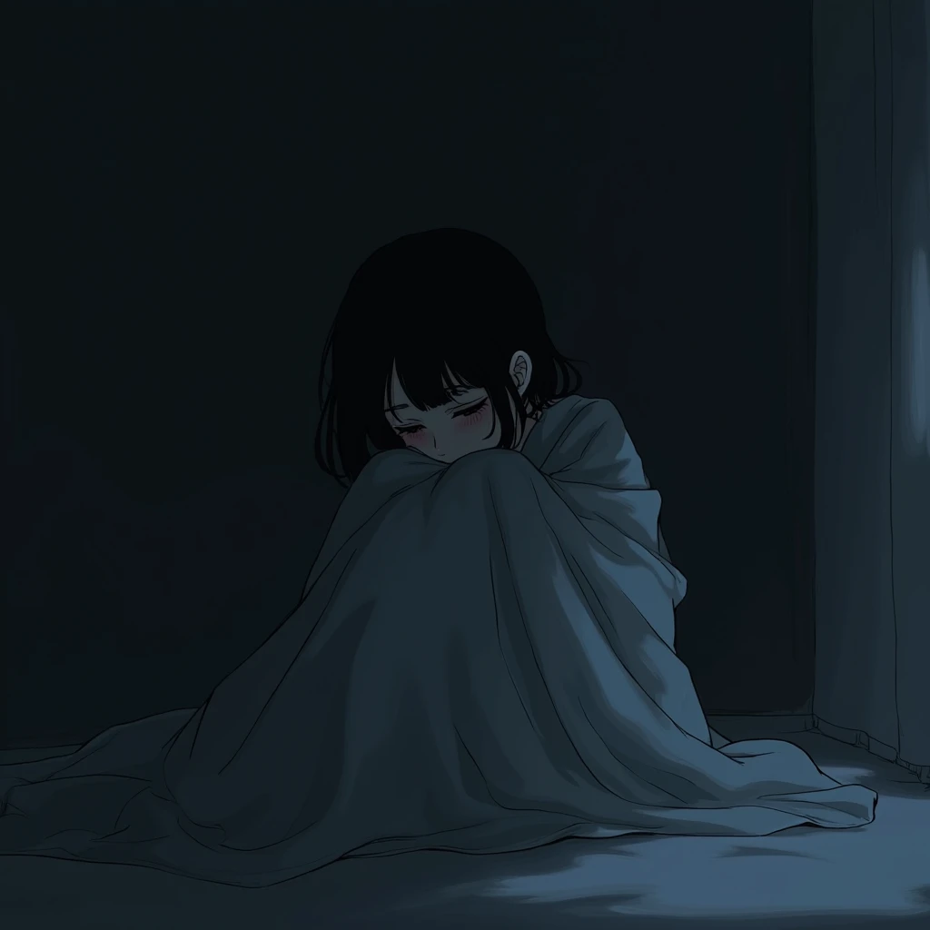 A girl sits in a room in bed, sad and hugs her knees, it's dark in the ...