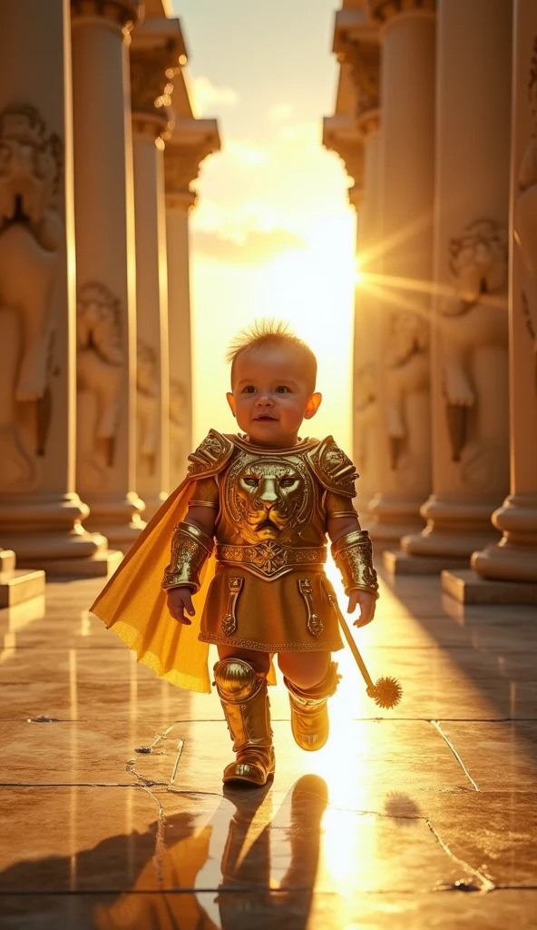 A baby standing up, walking with confidence , wearing majestic golden ...