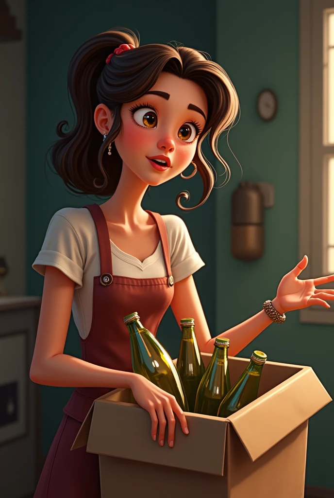 Lucia: (Pointing to a box full of bottles) - SeaArt AI