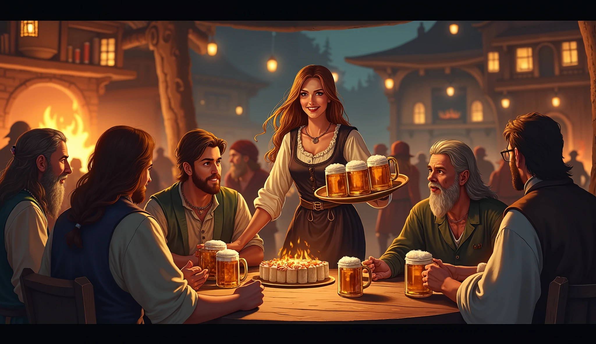 There are many people sitting around a table with beer and cake - SeaArt AI