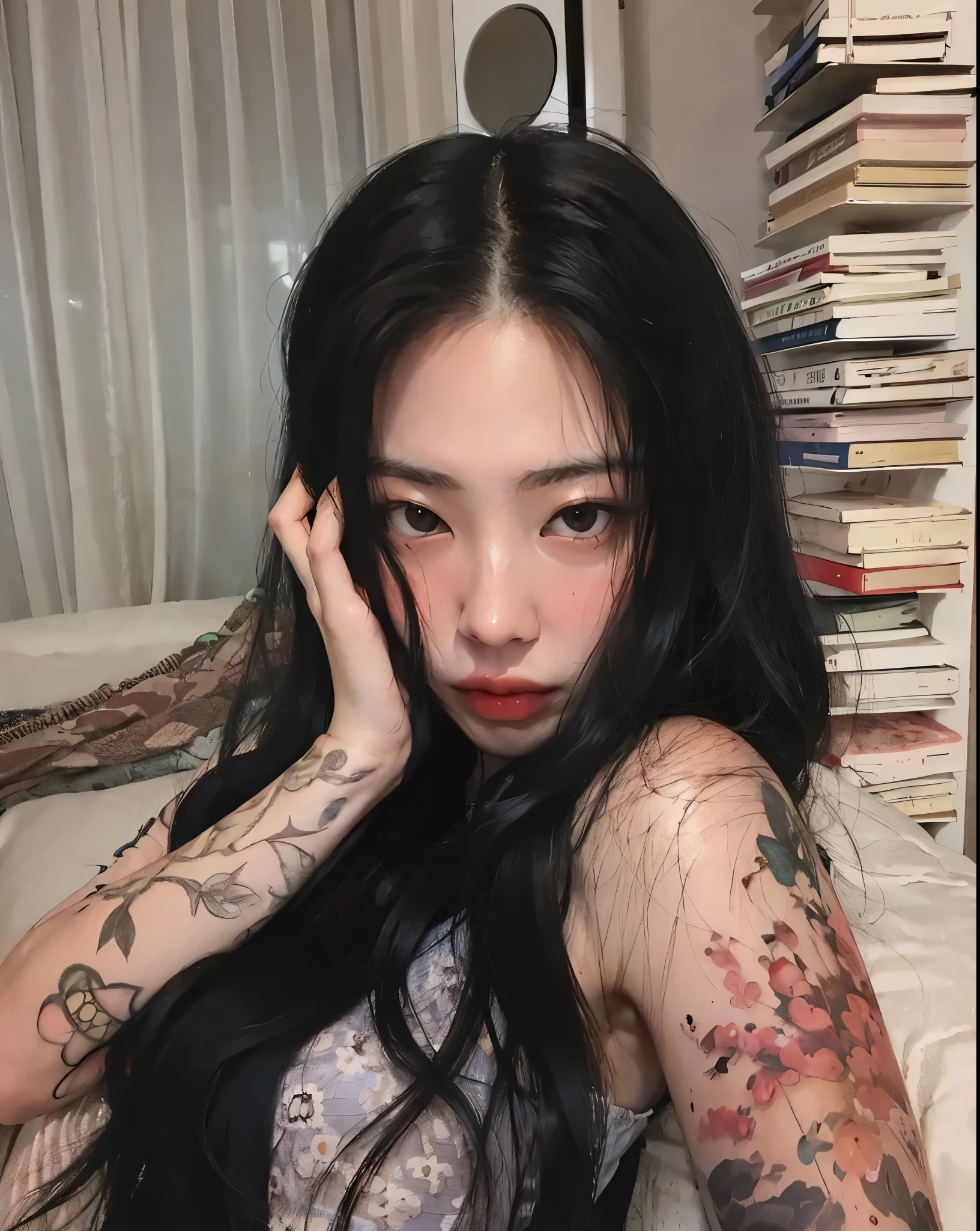 There is a woman with a tattoo on her arm and a tattoo on her arm ...