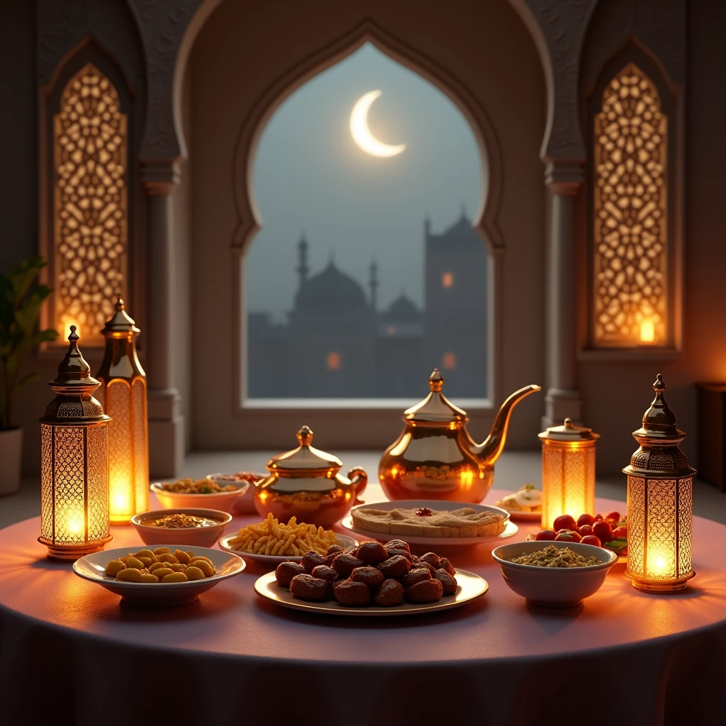 "A beautifully arranged iftar spread on an elegant table under the soft ...