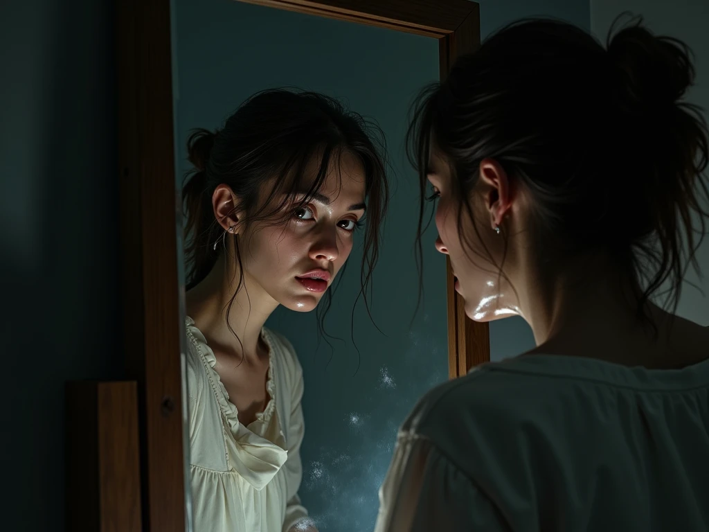 A woman crying in front of a mirror - SeaArt AI