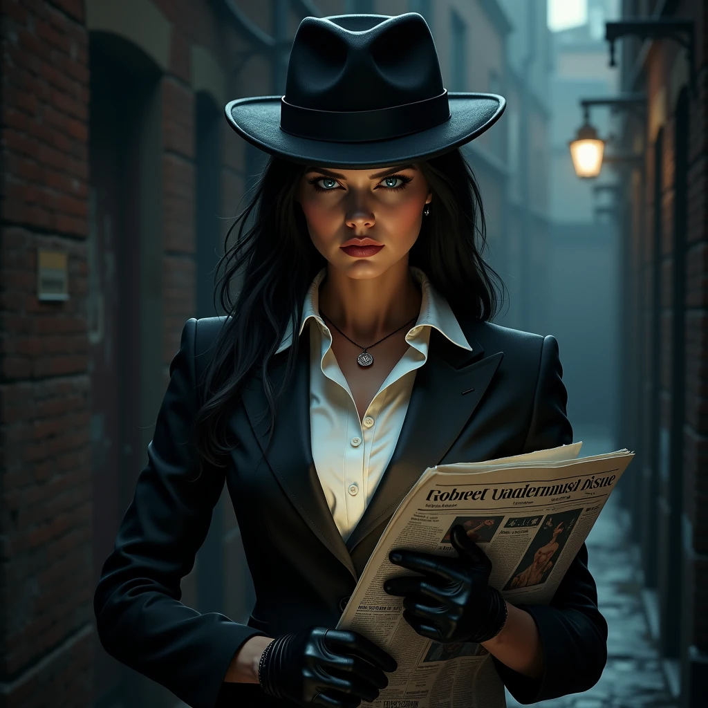 a blue-eyed black-haired woman dressed as a mobster with a newspaper in ...