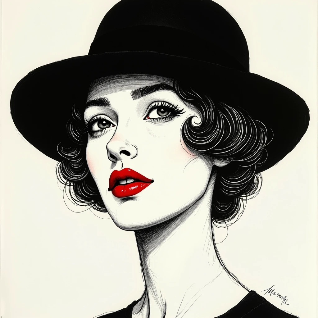 A closeup of a drawing of a woman with a hat in, inspirado em Aubrey ...