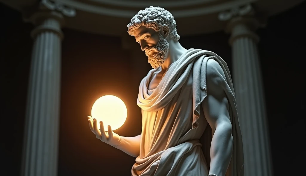 "A Roman marble figure with stoic features, holding a glowing orb of ...
