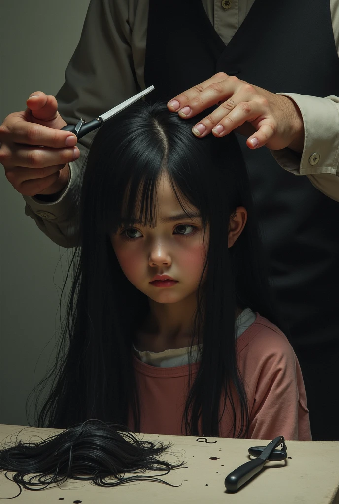 Génère l'image d'une fille avec de long cheveux noirs qui se raser les ...