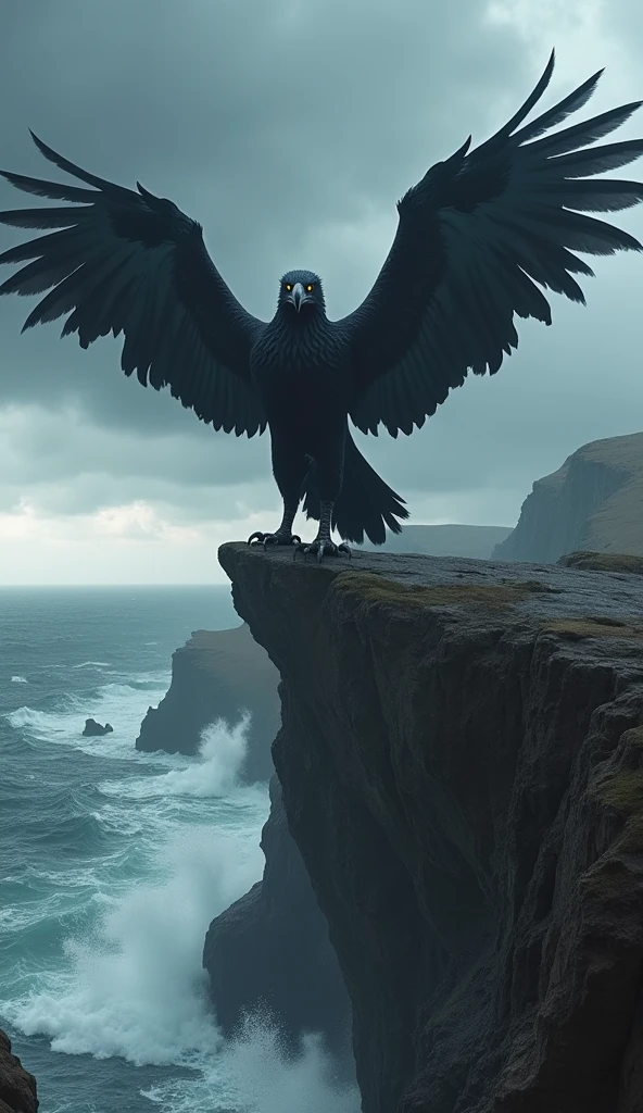 A hybrid monster of Eagle and Raven, standing on a jagged cliff edge ...