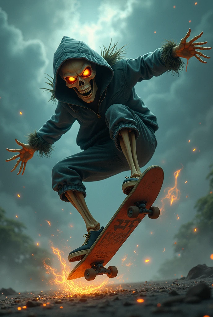 Create a drawing of a skull sending a kickflip on a skateboard - SeaArt AI