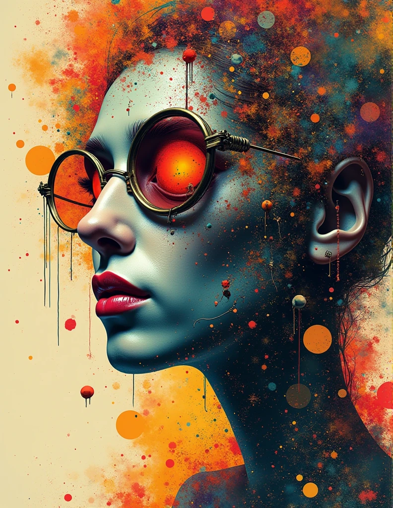 Painting of a woman with glasses and a splattered face - SeaArt AI