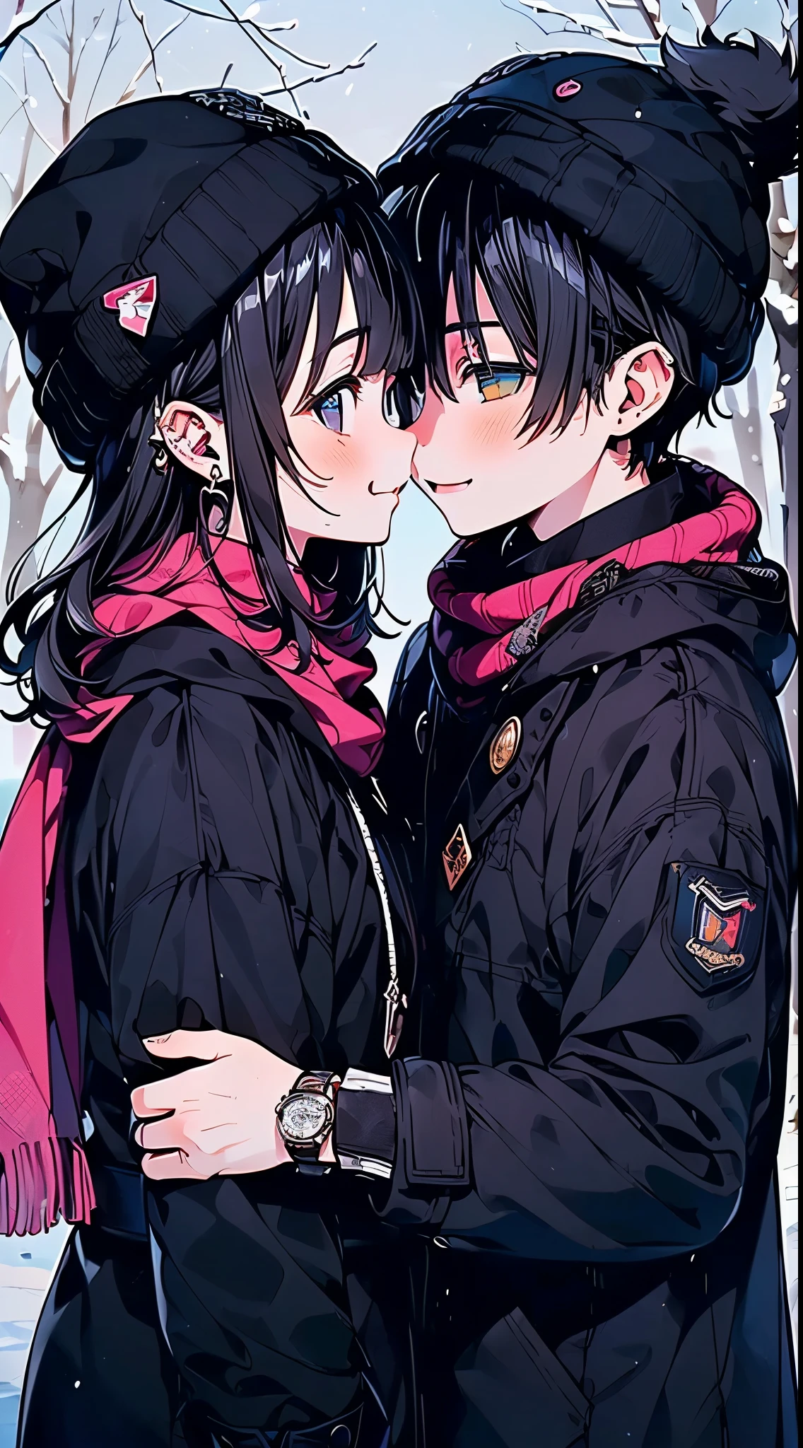 Anime couple kissing in the snow with trees in the background - SeaArt AI