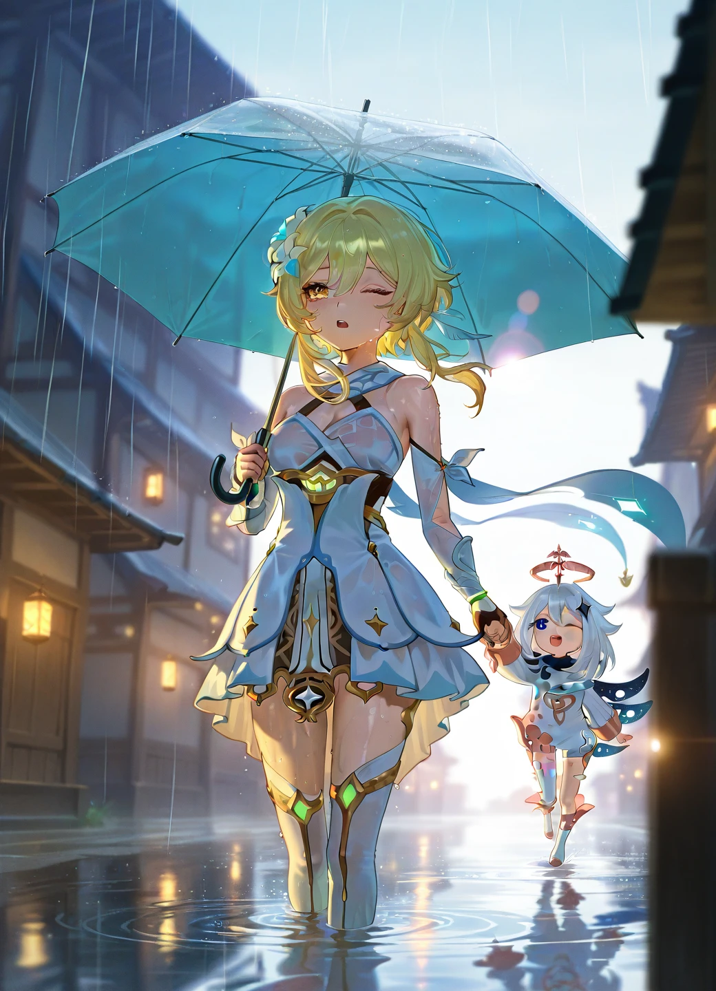 Anime girl walking in the rain with an umbrella and a cat（lumine ...
