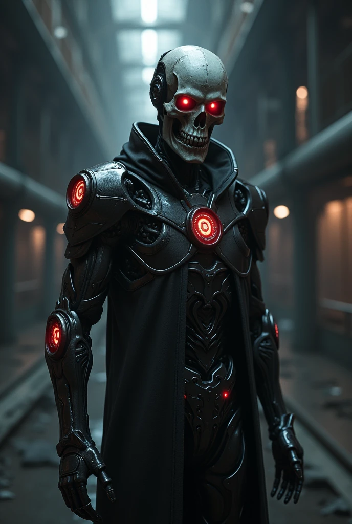 Sinister robot with skull mask sitting - SeaArt AI