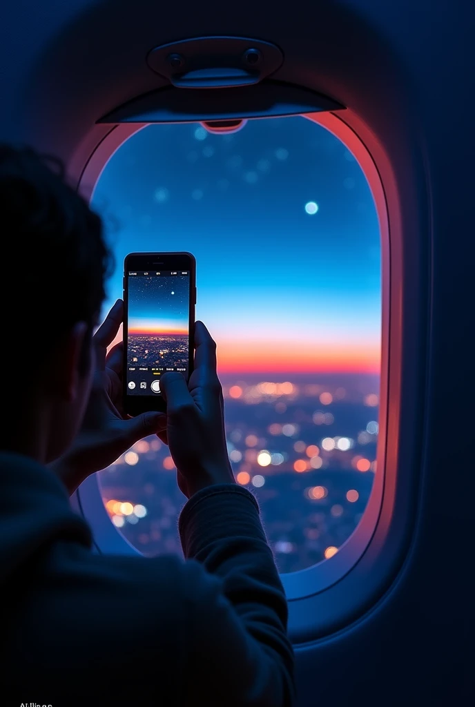Airplane window shot with a cell phone, at night, there are lights ...