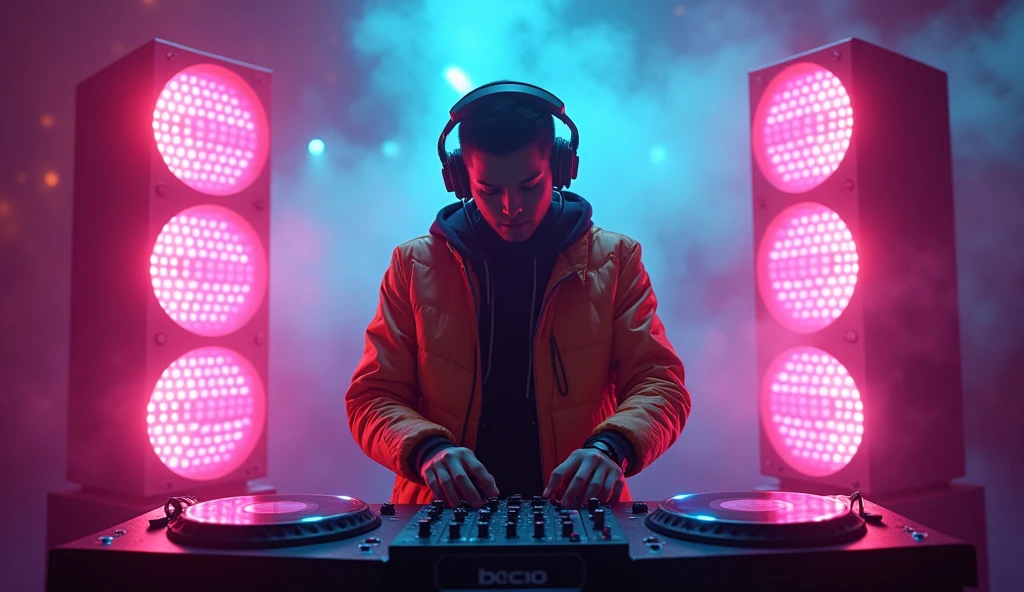 An indonesian DJ plays live music on stage With Cool Head Set - SeaArt AI