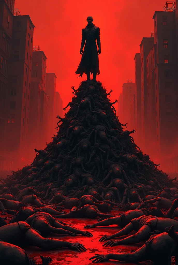 A human on top of a mountain of other humans, all very bloody - SeaArt AI