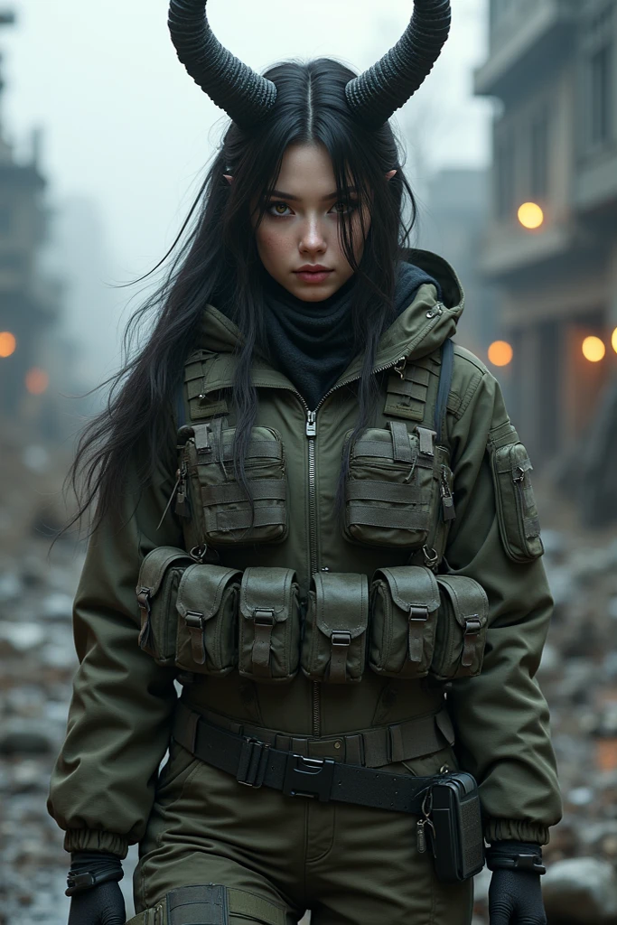 Beautiful demon girl with horns in tactical military gear - SeaArt AI
