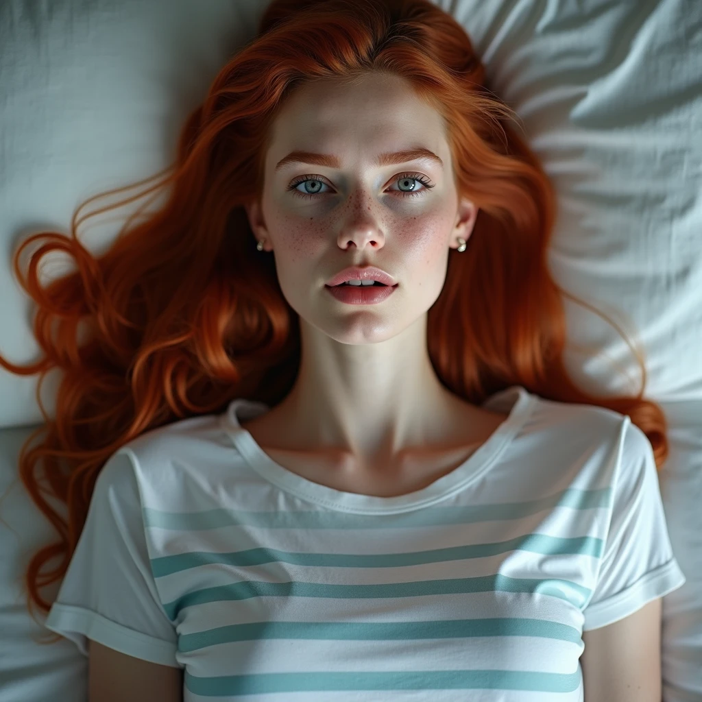 23 year old woman lying on a bed. White skin with freckles. Beautiful ...