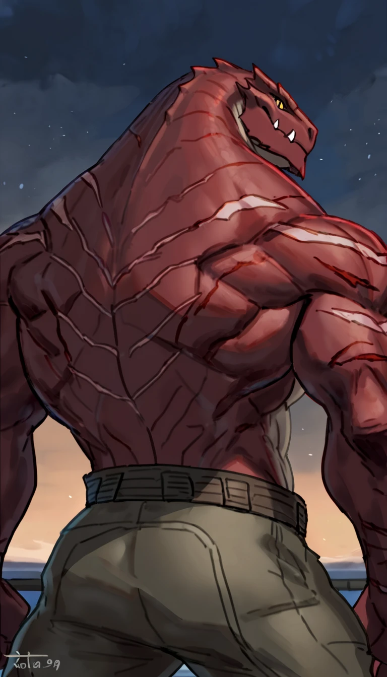 Muscular monster lizardfolk, solo, pants, mercenary, dark red body - SeaArt AI