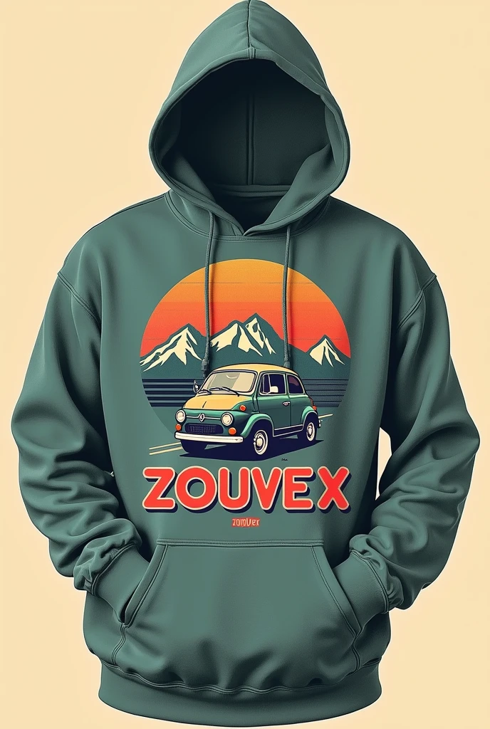 Design a vintage hoodie of the iconic, them the classic, a landscape of ...