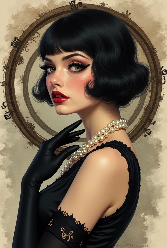 A woman wearing black gloves and a pearl necklace, magnificent and ...