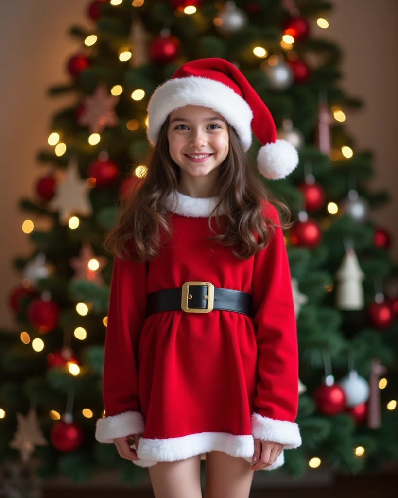 HD, standing up, show bare knees, short Santa dress, bare legs and ...
