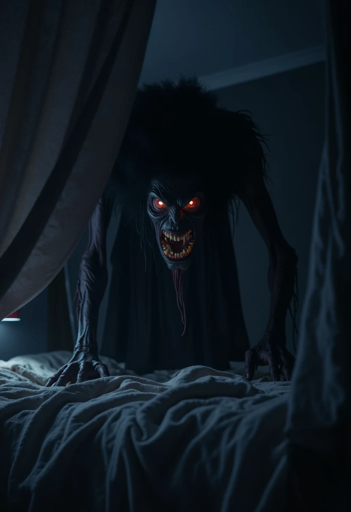 A terrifying boogeyman lurks beneath a 's bed in a dimly lit room ...